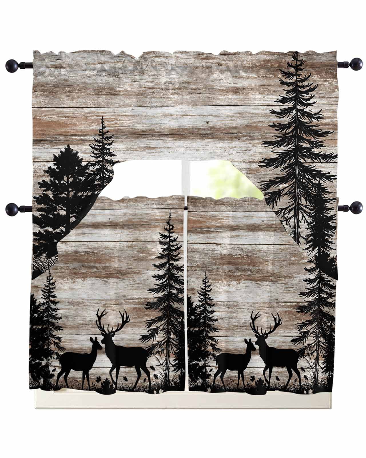 3 Piece Kitchen Curtain Set, Deer Silhouette Vintage Deer Pine Tree ...