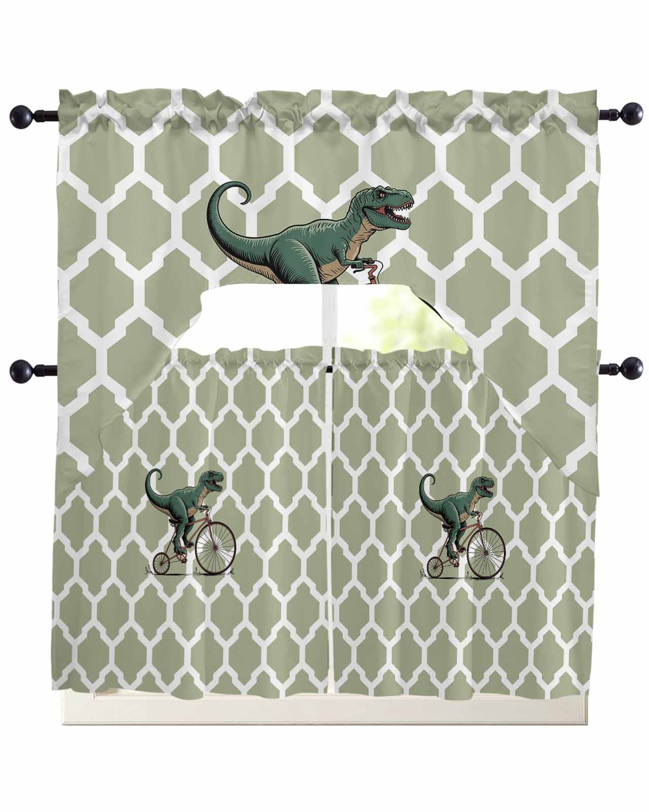 3 Piece Kitchen Curtain Set, Dinosaur Riding Bike Vintage Green ...