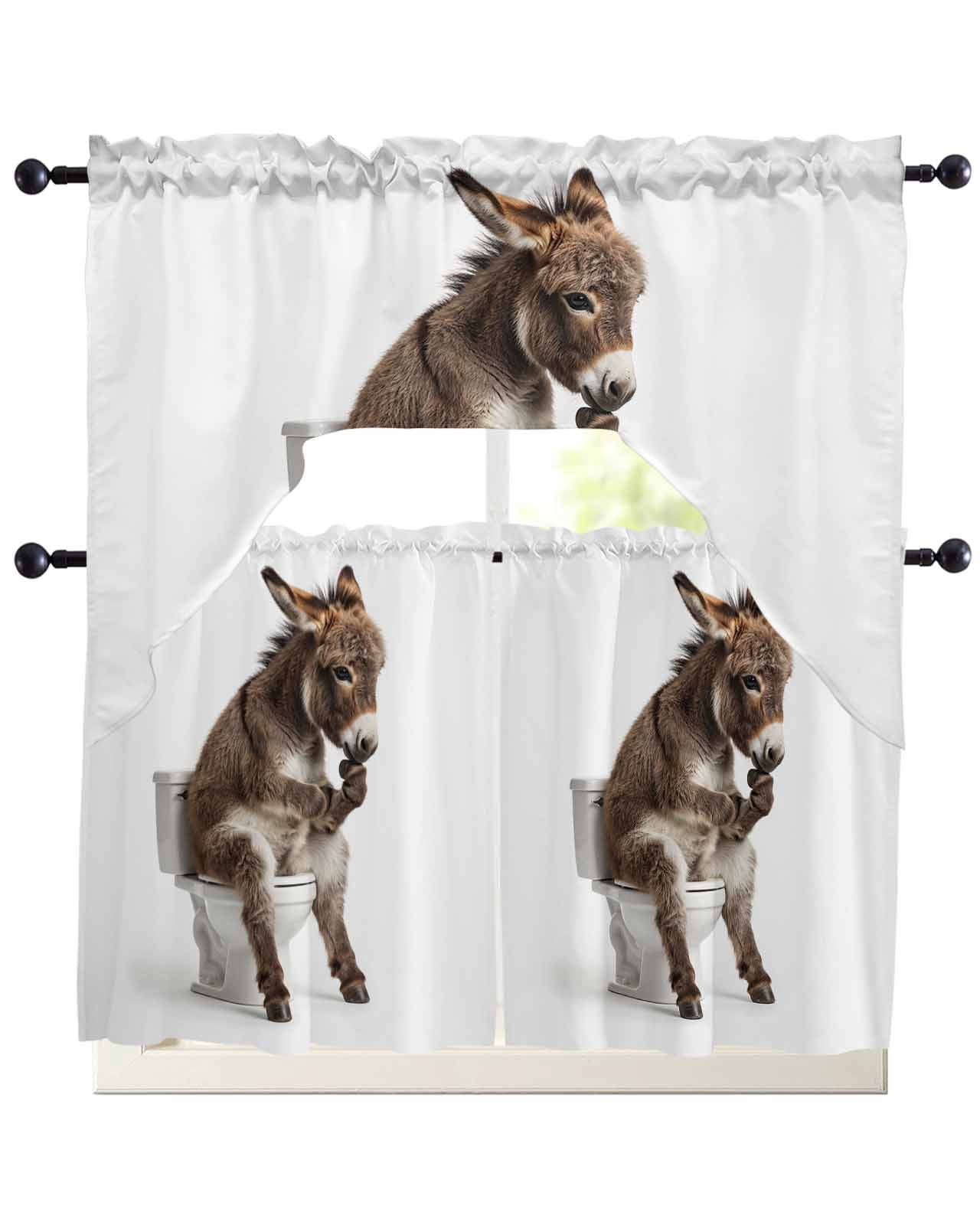 3 Piece Kitchen Curtain Set, Donkey Sitting on The Toilet Thinking ...