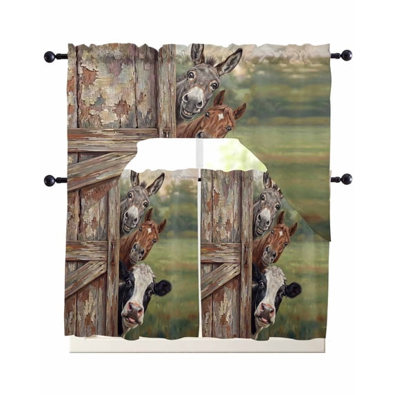 3 Piece Kitchen Curtain Set, Farmhouse Cow Horse Donkey Countryside ...