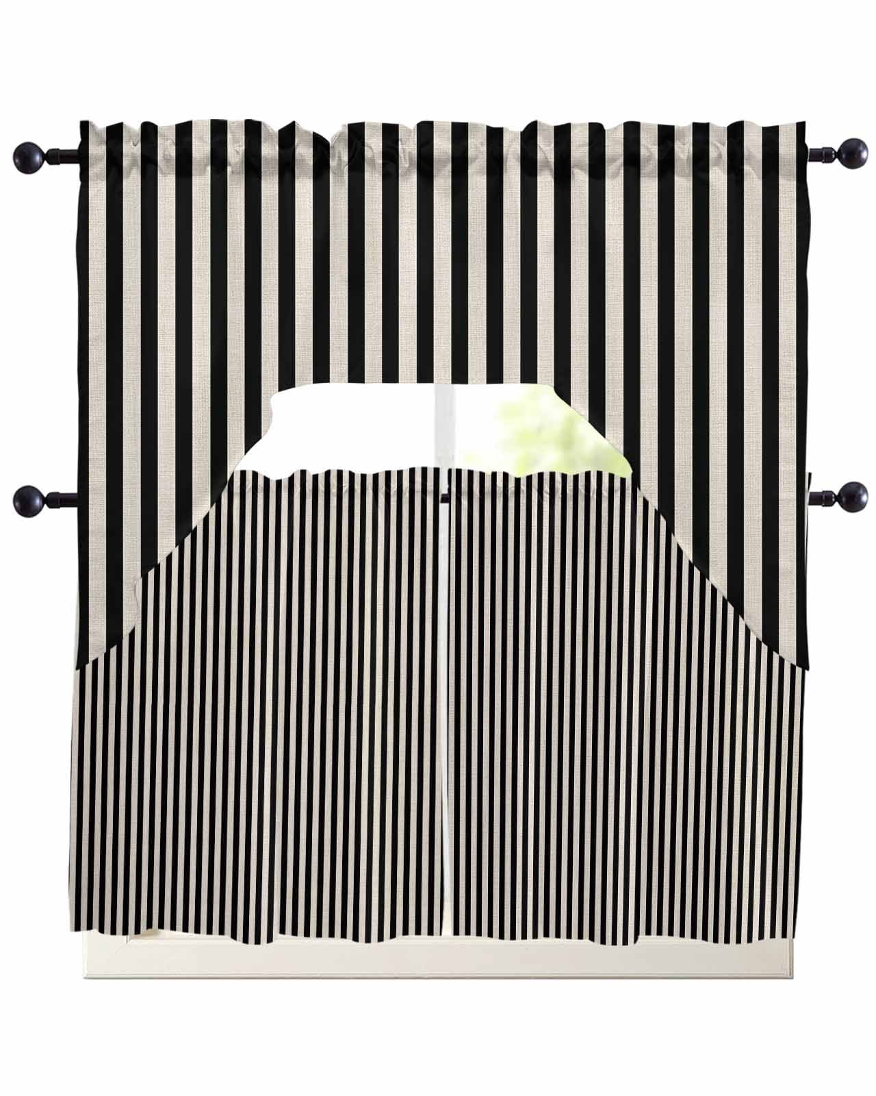 3 Piece Kitchen Curtain Set, Simple White Striped Black Stripe Vintage ...