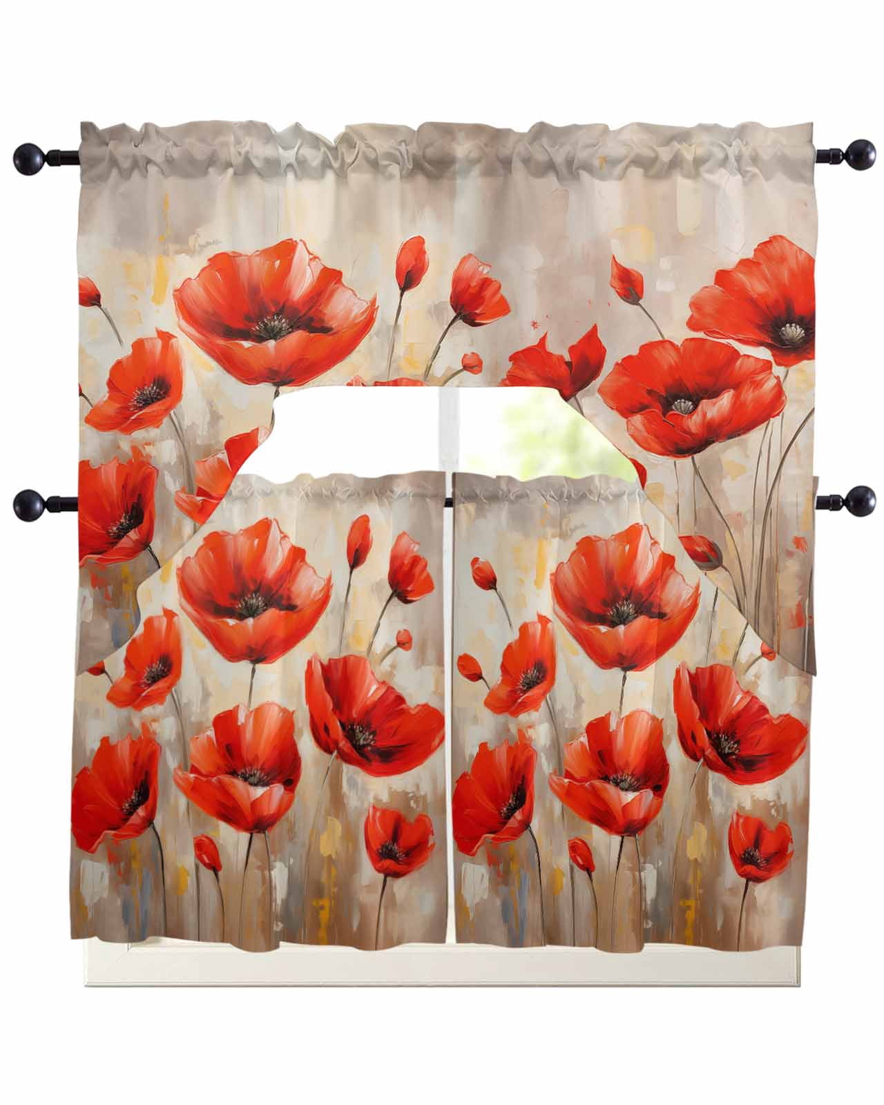 3 Piece Kitchen Curtain Set, Spring Floral Watercolor Poppy Oil ...