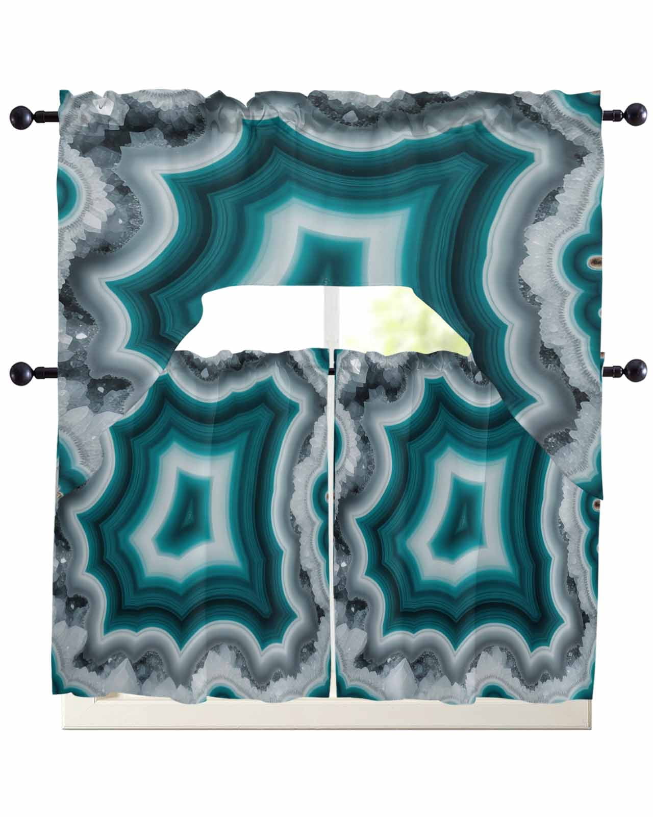 3 Piece Kitchen Curtain Set, Teal Agate Abstract Teal White Maze-Like ...