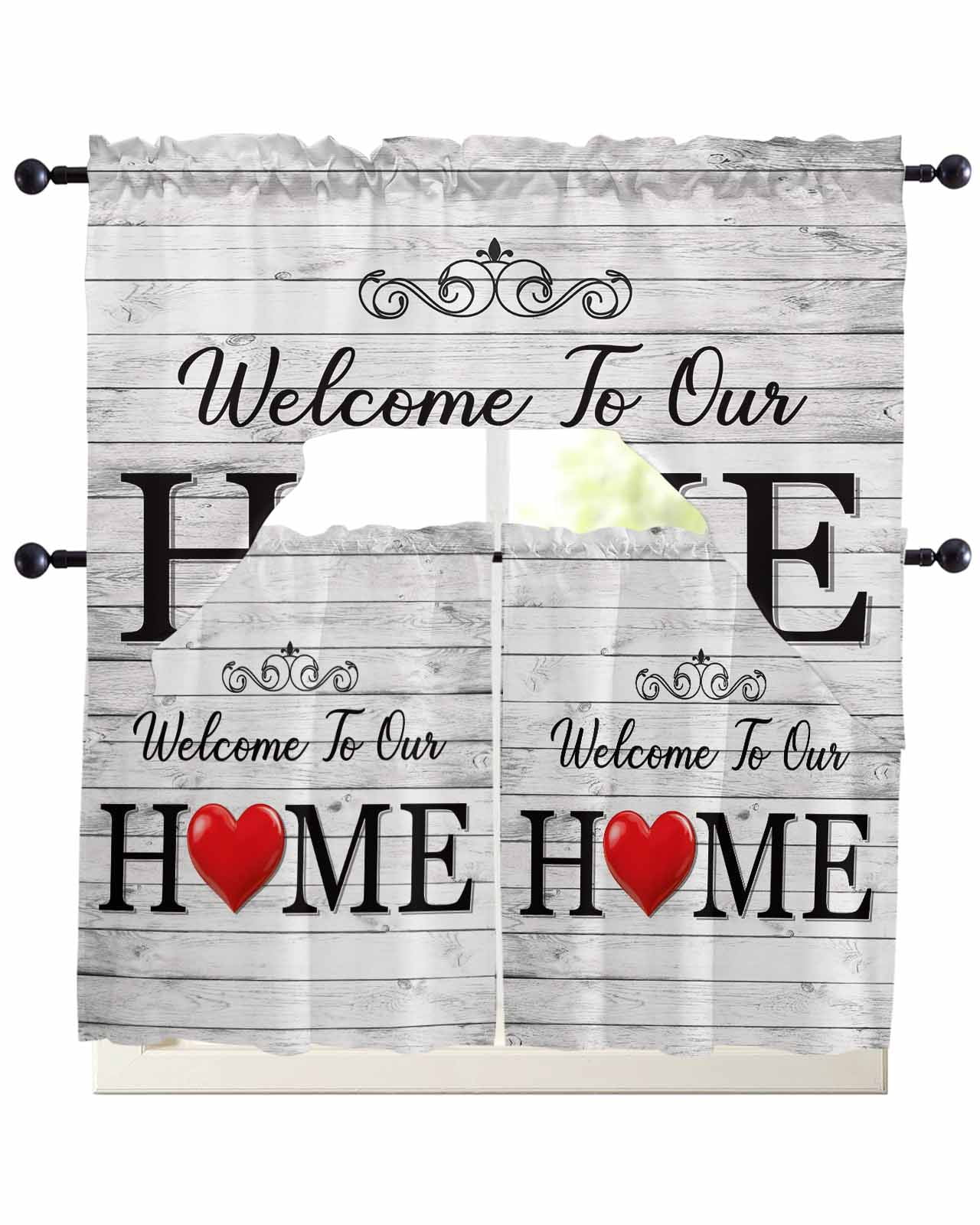 3 Piece Kitchen Curtain Set, Welcome to Our Home Retro Grey Wood Grain ...