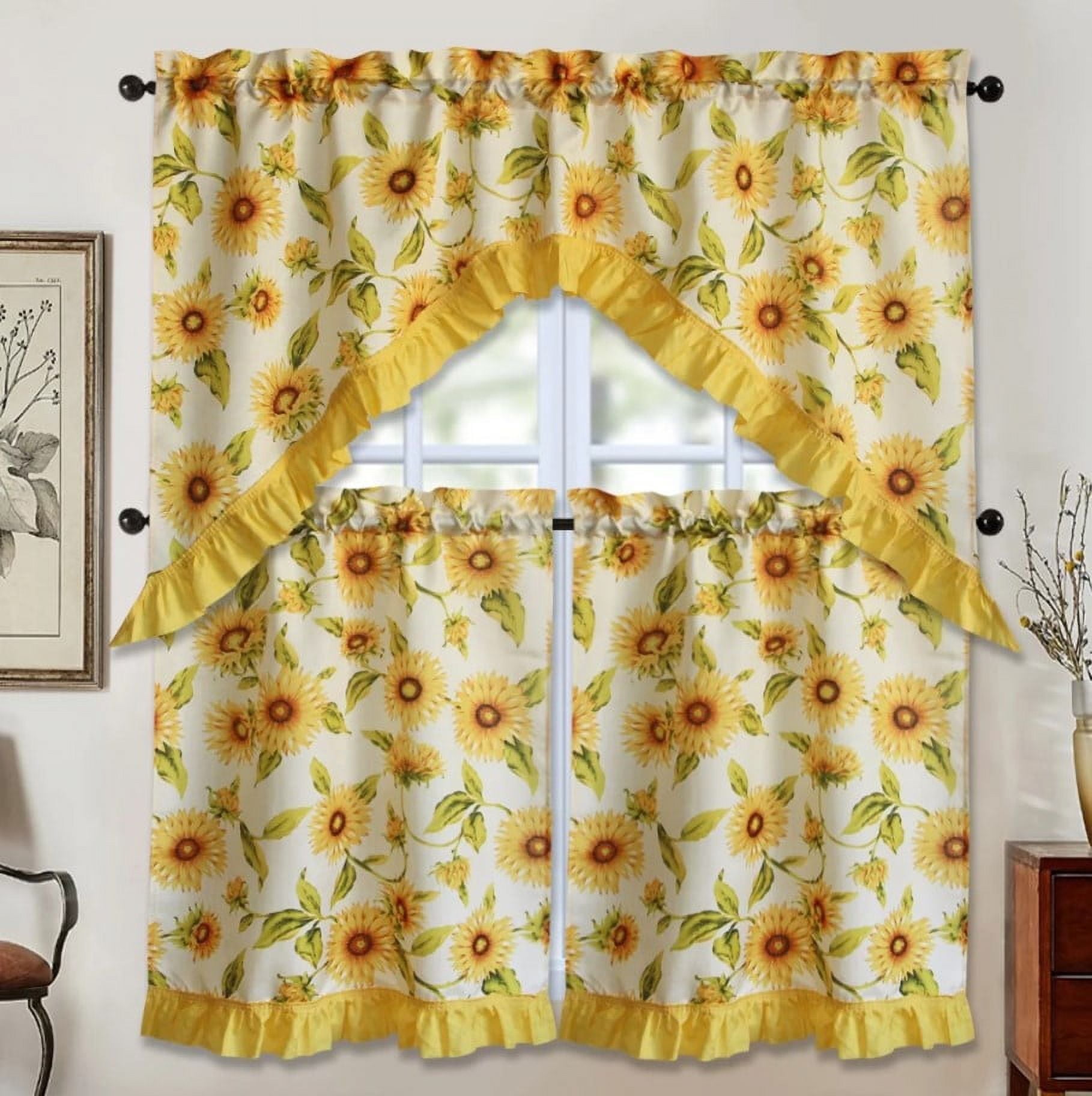 3 Piece Kitchen Curtain Swag Set, Window Treatment Sunflower Printed ...