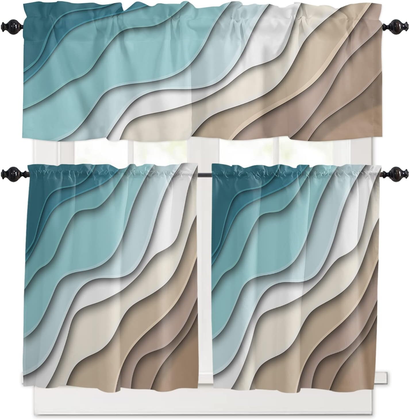 3 Piece Kitchen Curtains Set Teal Blue Modern Geometric Window ...