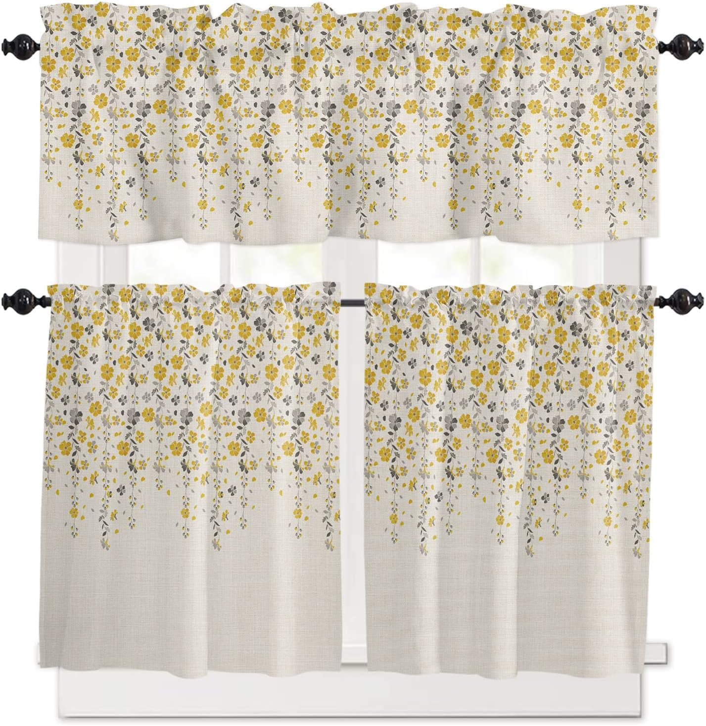 3 Piece Kitchen Curtains Tiers and Valances Set, Yellow Gray Flower ...