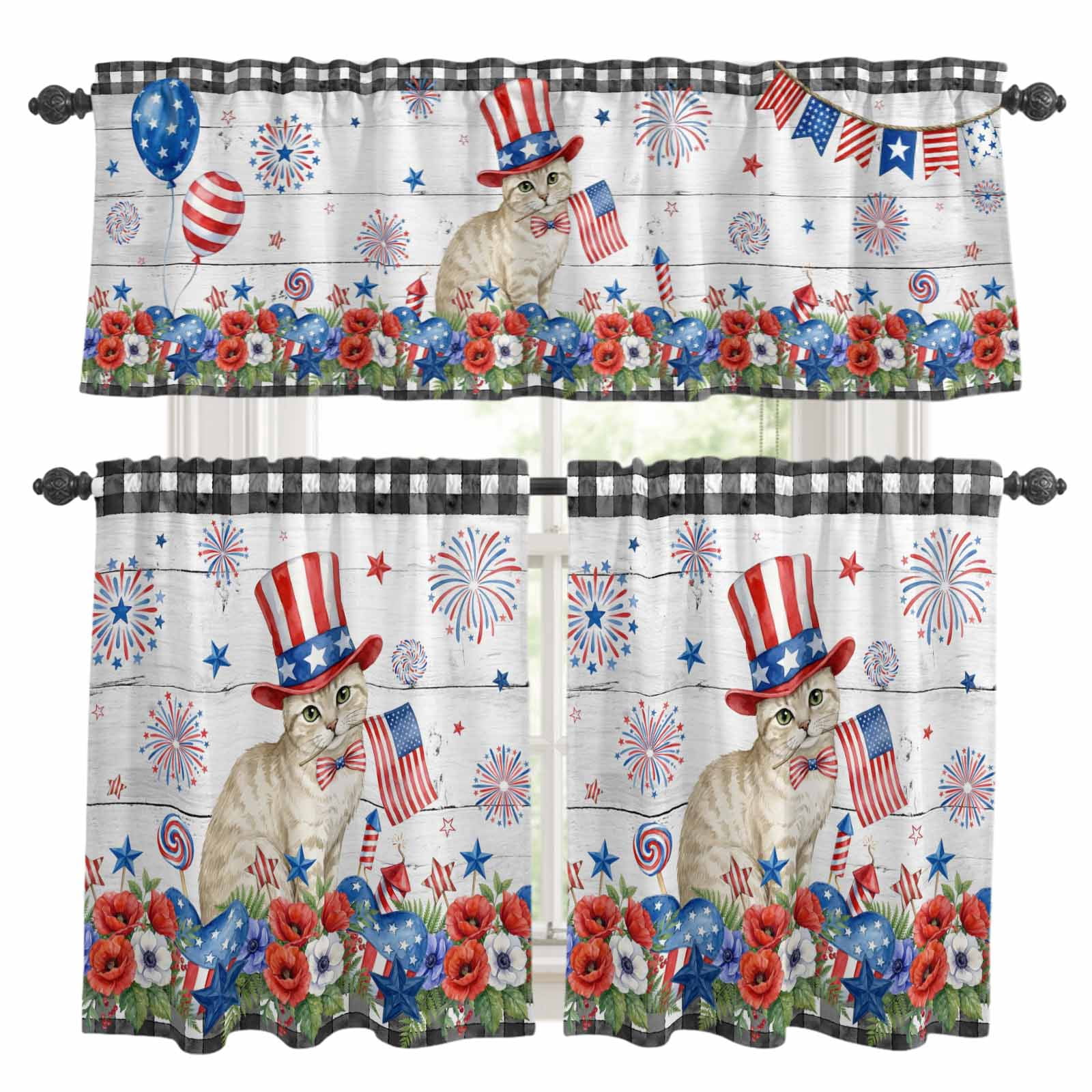 3 Piece Kitchen Curtains and Valances Set 4th of July Cafe Curtains 24 ...