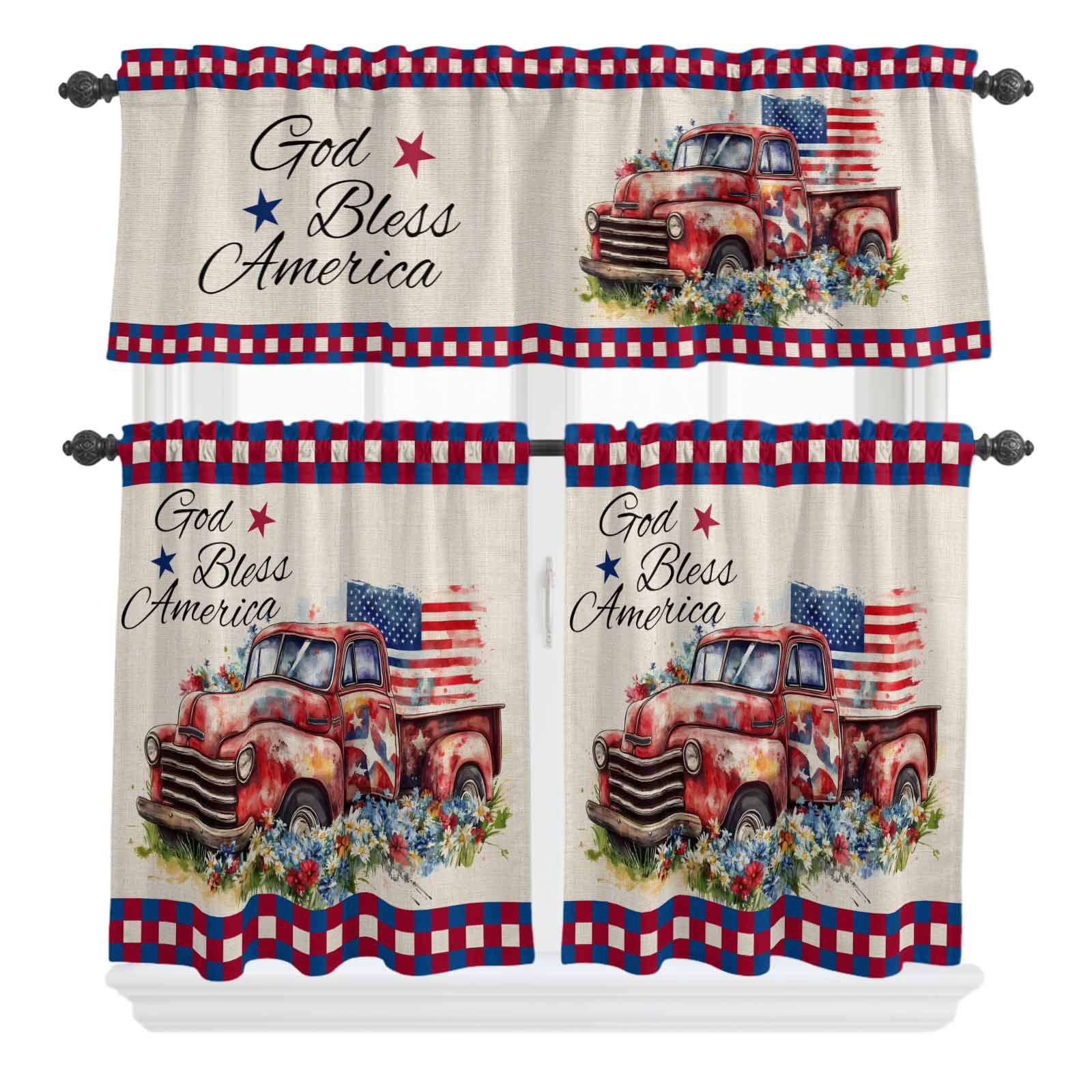 3 Piece Kitchen Curtains and Valances Set 4th of July Cafe Curtains 24 ...