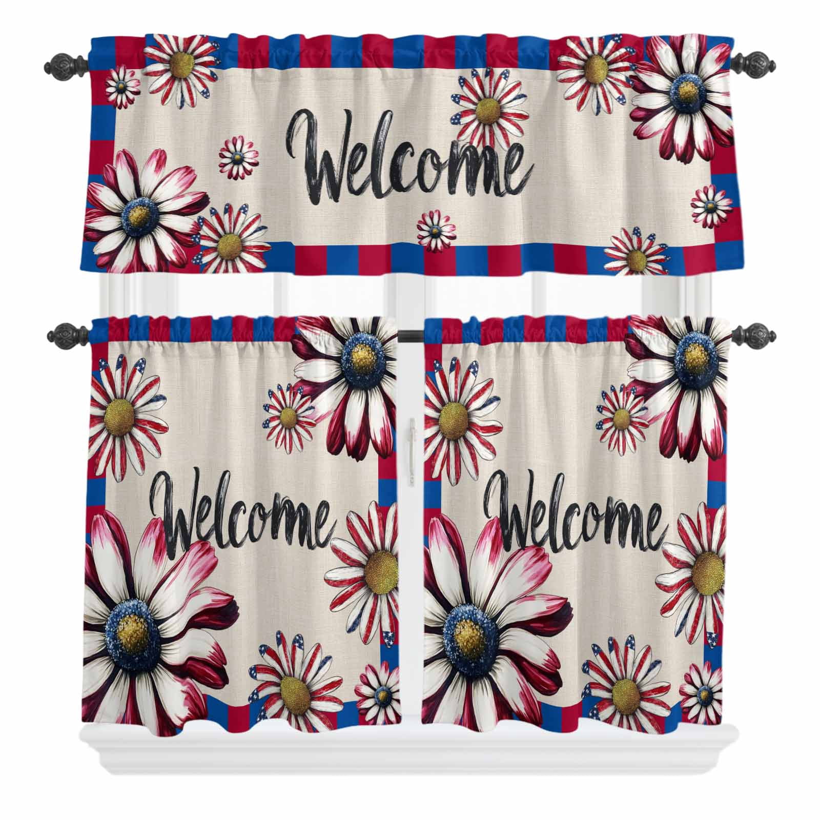 3 Piece Kitchen Curtains and Valances Set 4th of July Cafe Curtains 24 ...