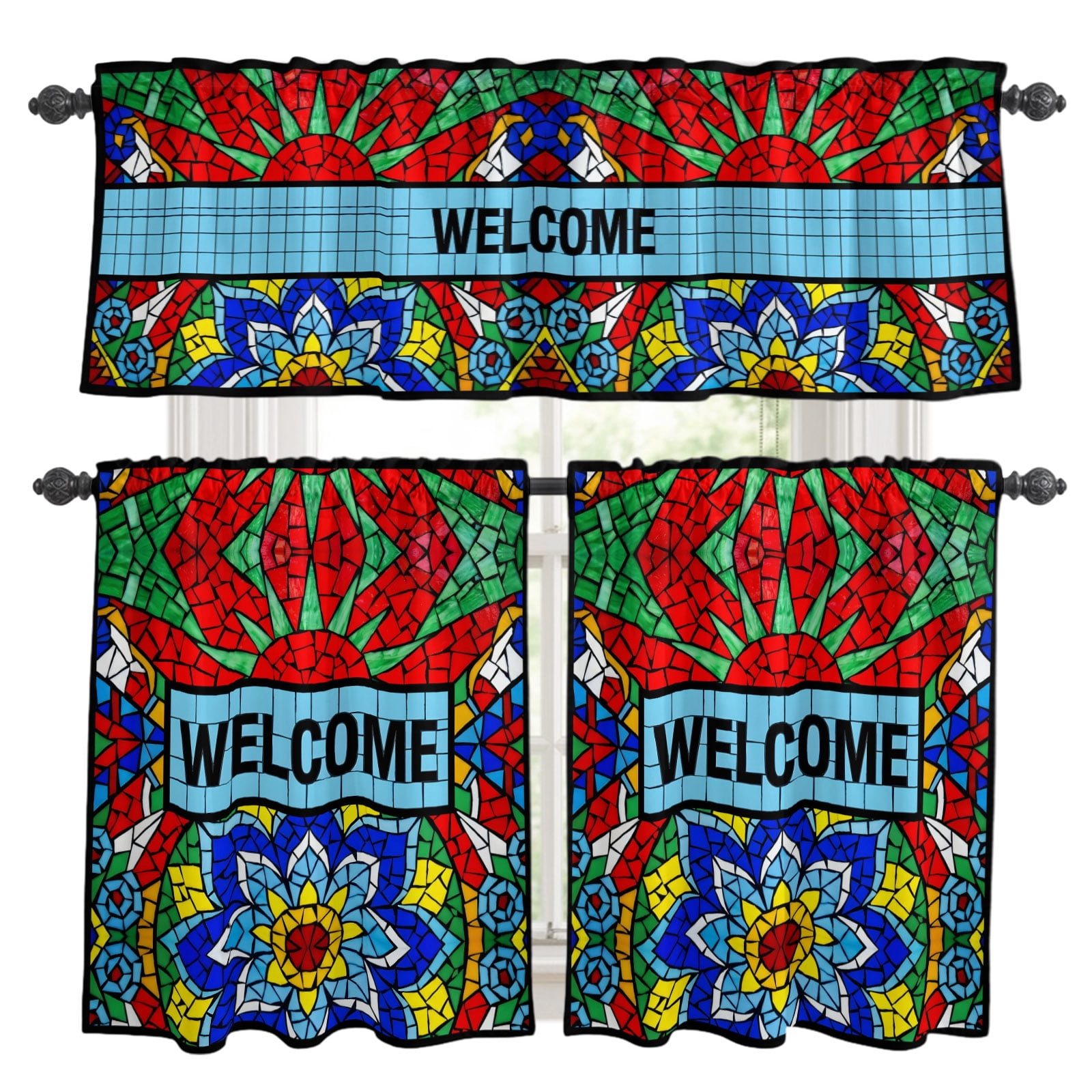 3 Piece Kitchen Curtains and Valances Set Abstract Art Welcome Cafe ...