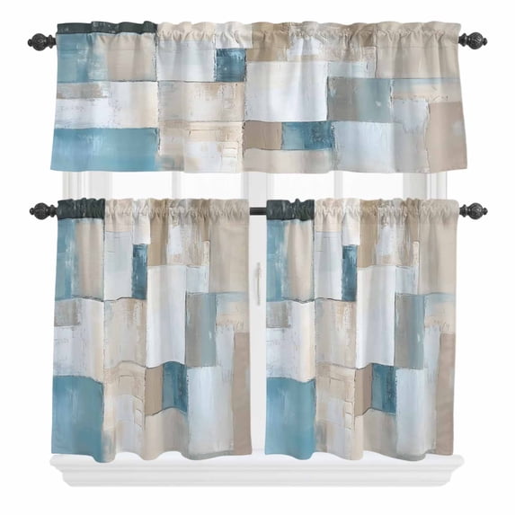 3 Piece Kitchen Curtains and Valances Set Abstract Blue Brown Cafe ...