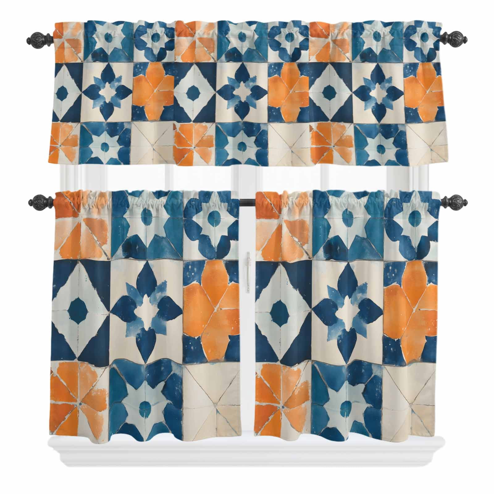 3 Piece Kitchen Curtains and Valances Set Abstract Blue Cafe Curtains ...