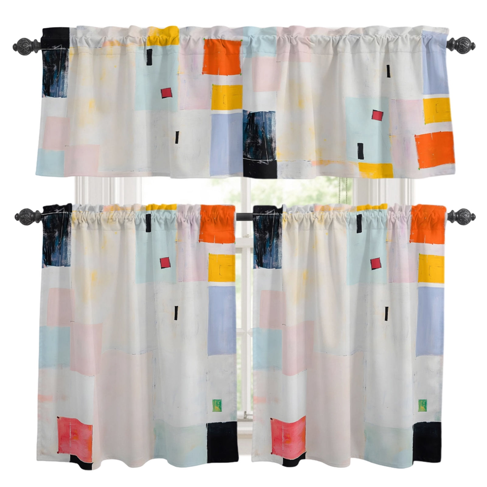 3 Piece Kitchen Curtains and Valances Set Abstract Geometric Cafe ...