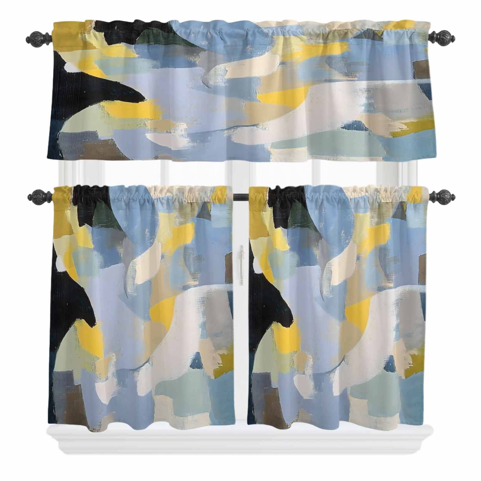3 Piece Kitchen Curtains and Valances Set Abstract Geometric Cafe ...
