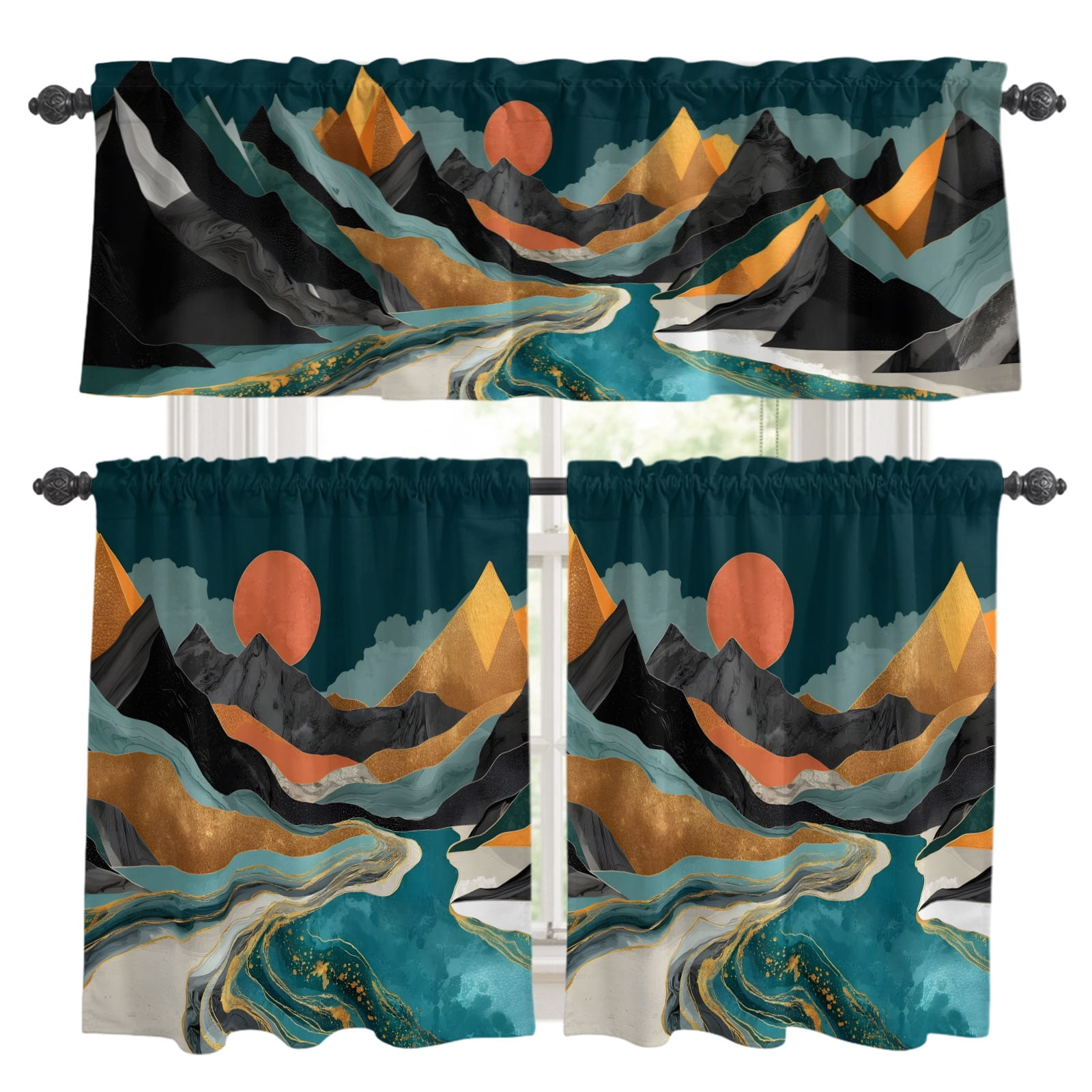 3 Piece Kitchen Curtains and Valances Set Abstract Mountain Peaks Cafe ...