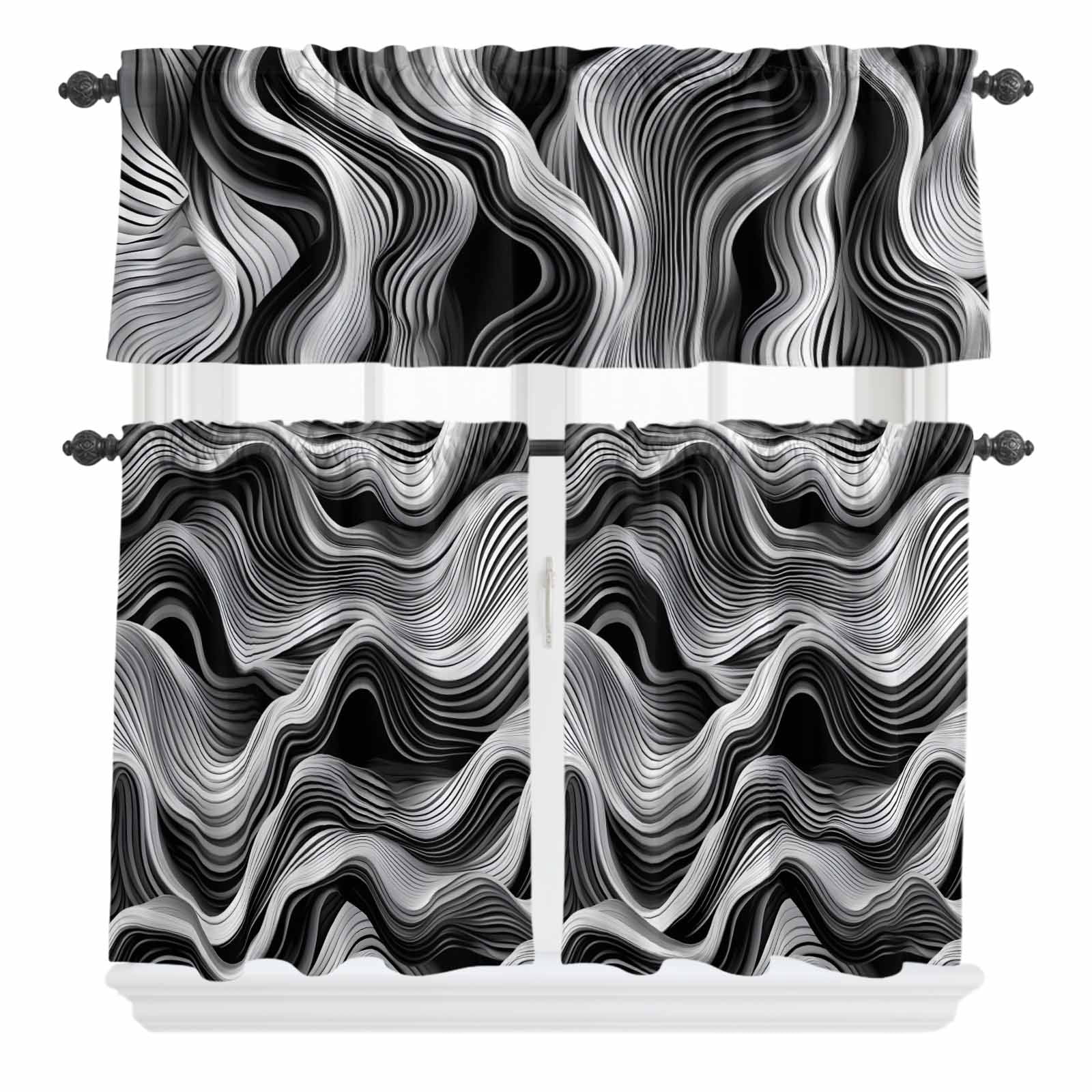 3 Piece Kitchen Curtains and Valances Set Abstract Waves Cafe Curtains ...