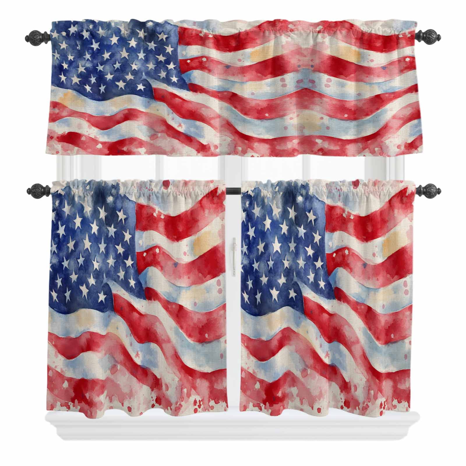 3 Piece Kitchen Curtains and Valances Set American Flag Cafe Curtains ...