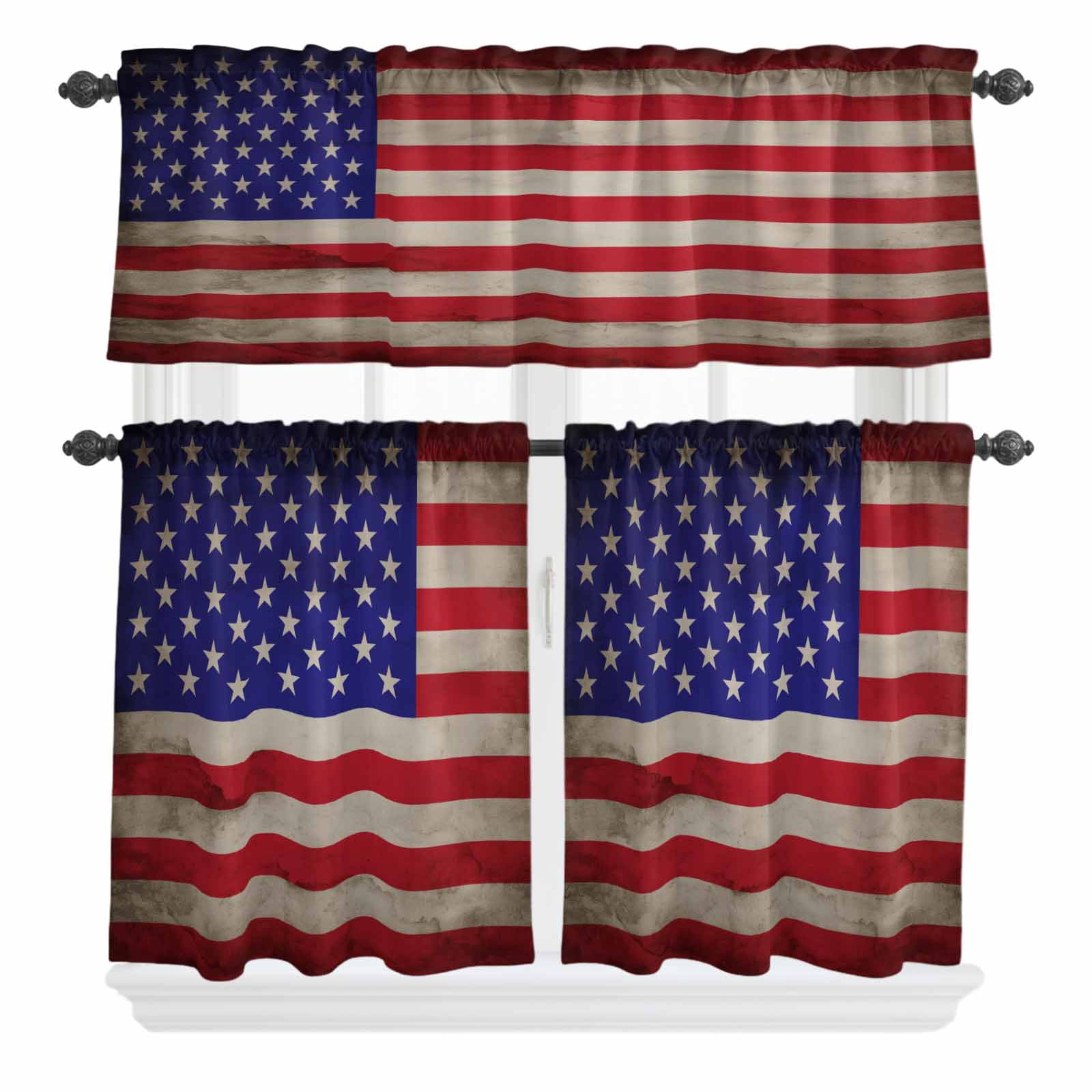 3 Piece Kitchen Curtains and Valances Set American Flag Cafe Curtains ...