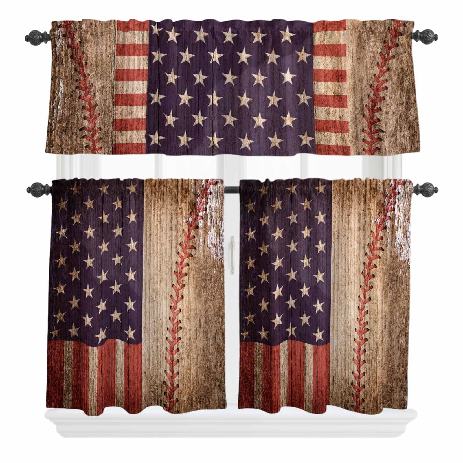 3 Piece Kitchen Curtains and Valances Set American Flag Vintage Cafe ...