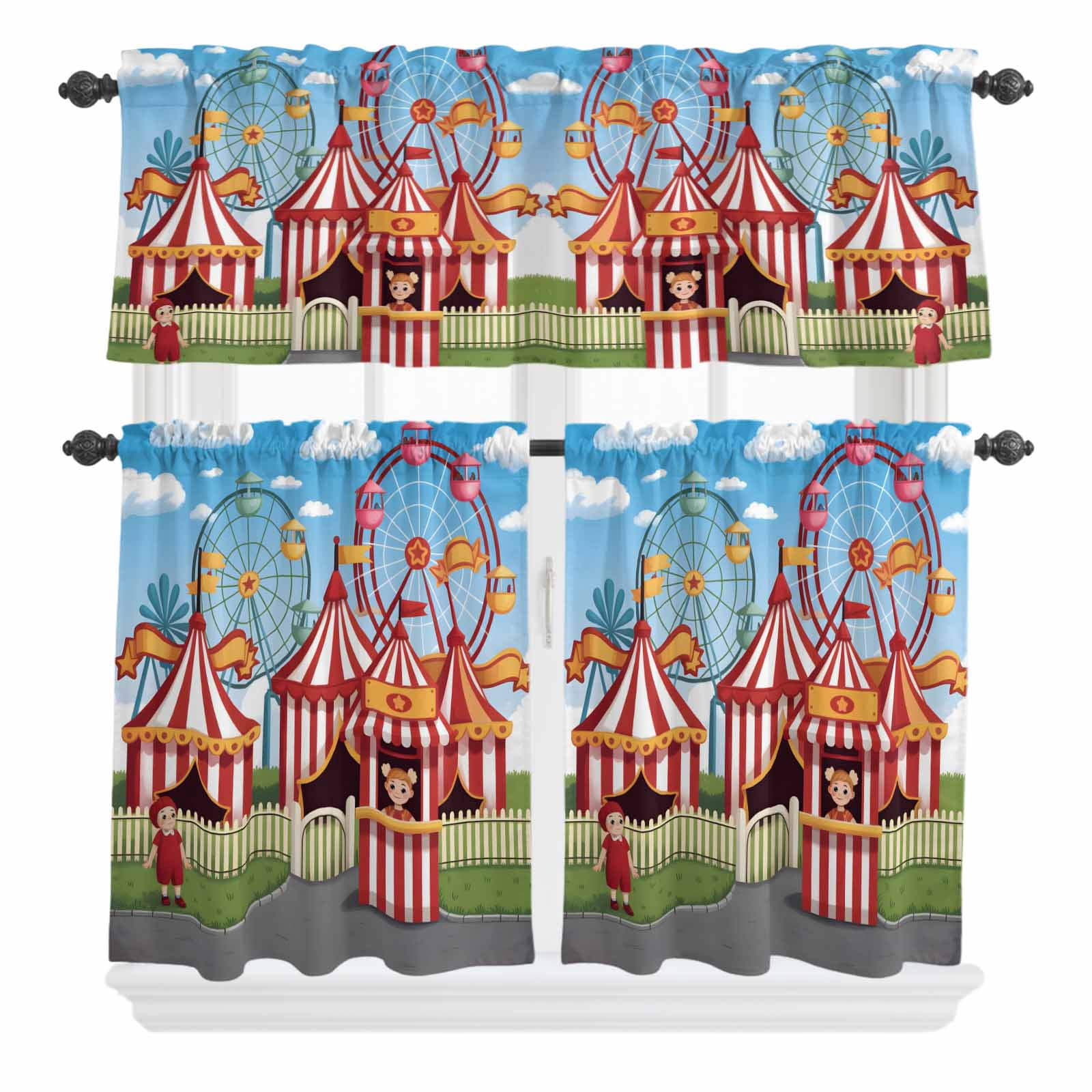 3 Piece Kitchen Curtains and Valances Set Amusement Park Cafe Curtains ...