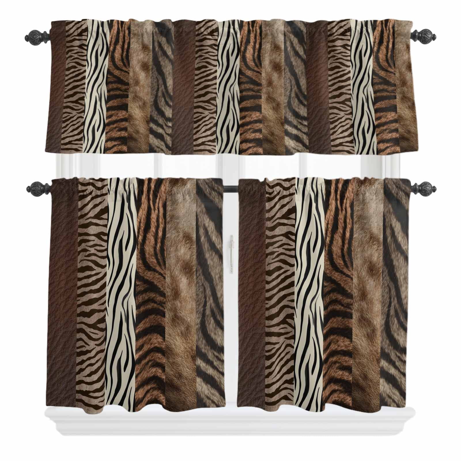 3 Piece Kitchen Curtains and Valances Set Animals Printed Striped Cafe ...