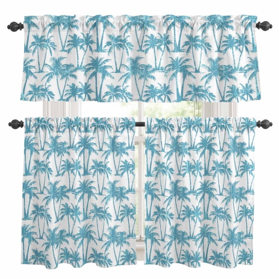 3 Piece Kitchen Curtains and Valances Set Aqua Blue Palm Tree Cafe ...