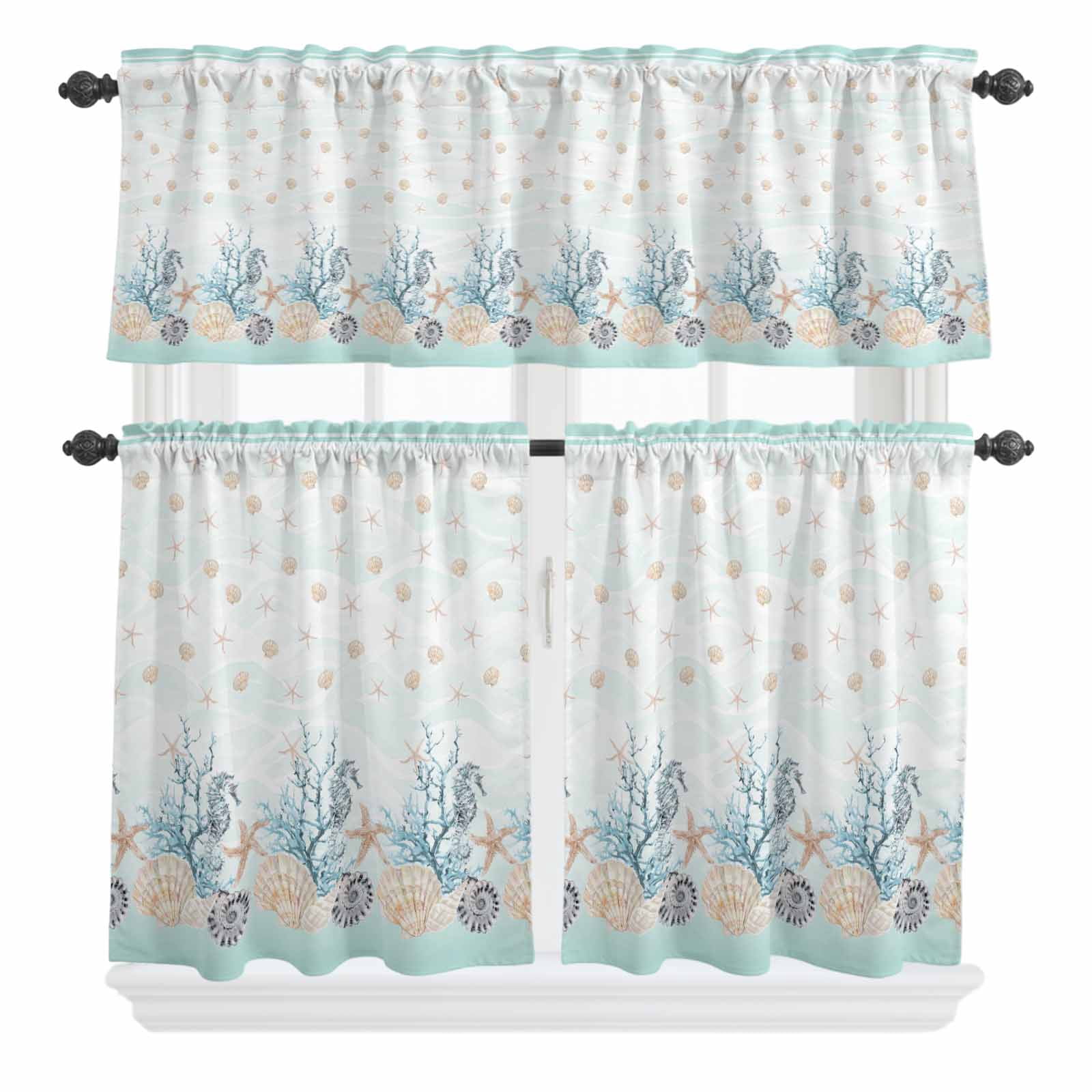 3 Piece Kitchen Curtains and Valances Set Aqua Coastal Shell Cafe ...