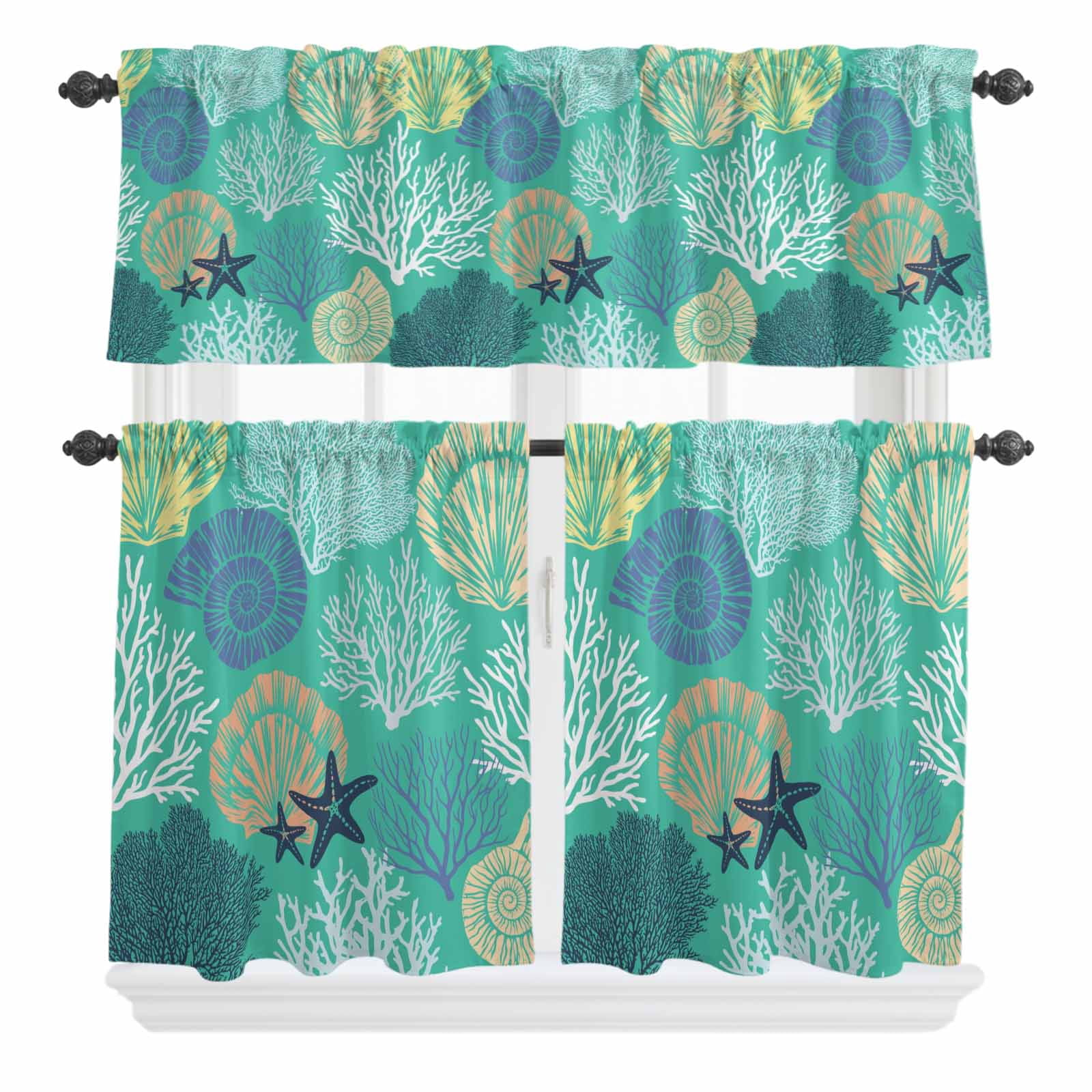 3 Piece Kitchen Curtains and Valances Set Aqua Gray Shell Coral Cafe ...