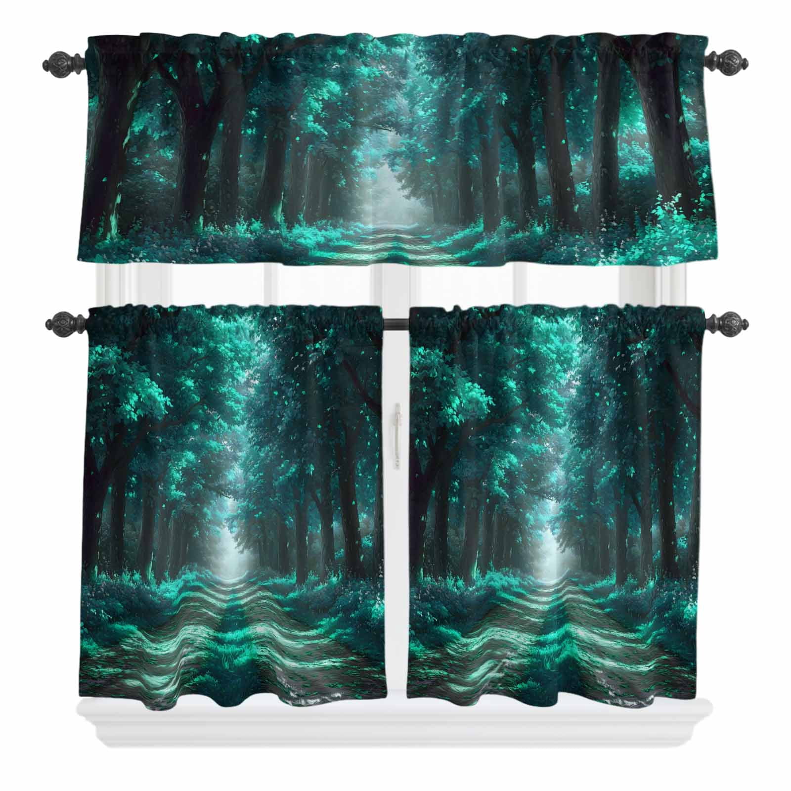 3 Piece Kitchen Curtains and Valances Set Aque Trees Cafe Curtains 24 ...