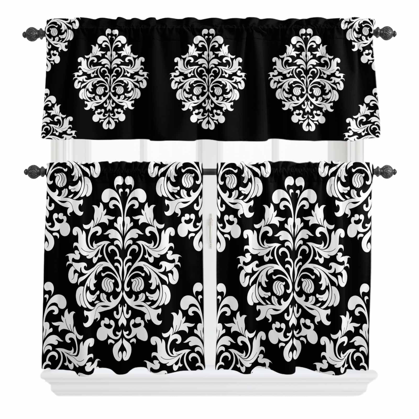 3 Piece Kitchen Curtains and Valances Set Baroque Black Cafe Curtains ...