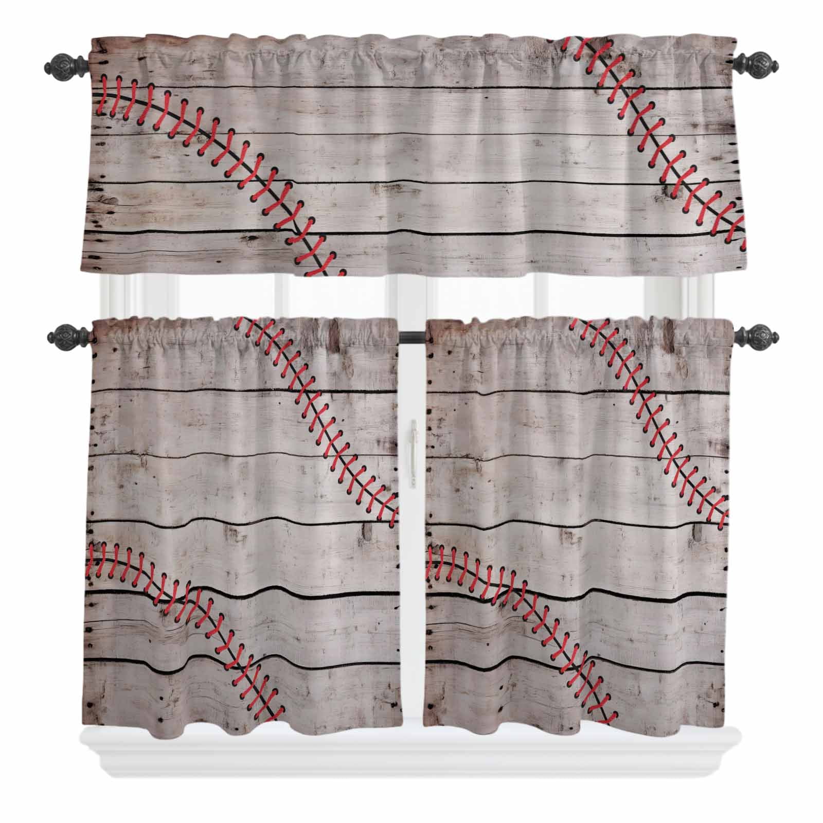 3 Piece Kitchen Curtains and Valances Set Baseball Cafe Curtains 24 Inch Length Vintage Wooden ...