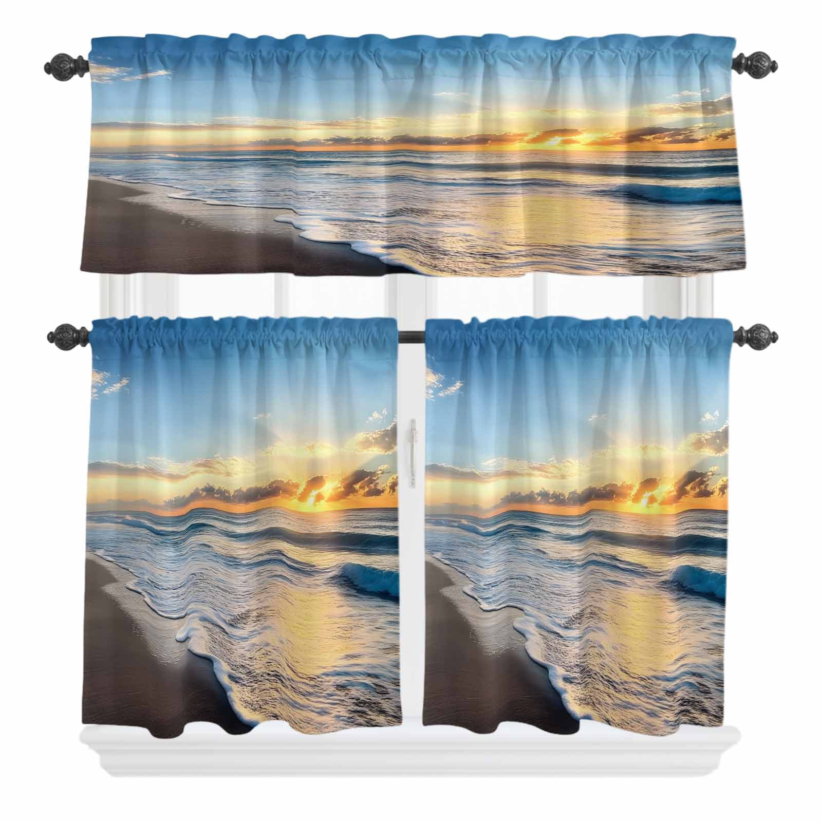 3 Piece Kitchen Curtains and Valances Set Beach Ocean Cafe Curtains 24 ...