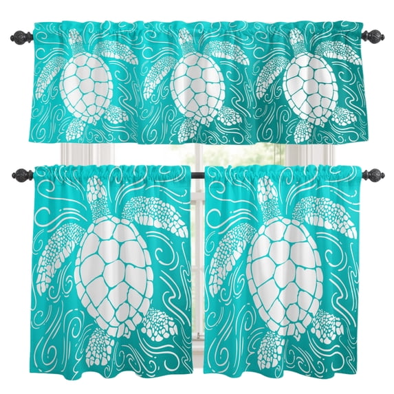 3 Piece Kitchen Curtains and Valances Set Beach Sea Turtle Cafe ...