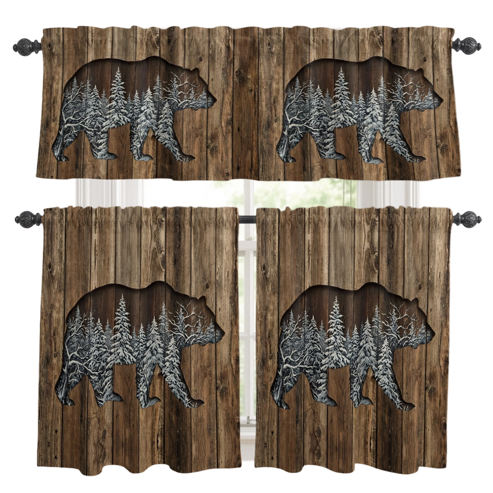 3 Piece Kitchen Curtains and Valances Set Bear Cabin Cafe Curtains 36 ...