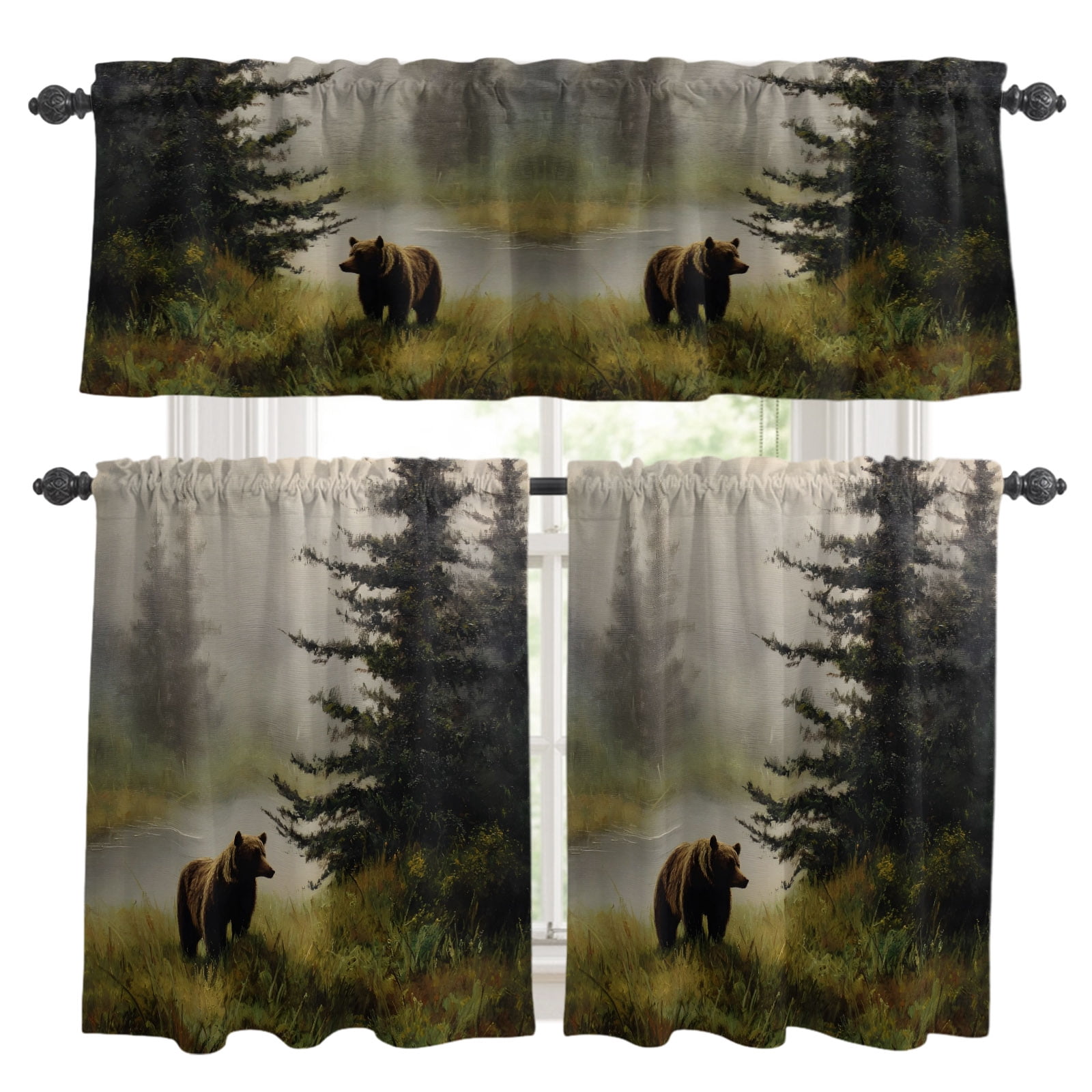 3 Piece Kitchen Curtains and Valances Set Bear Forest Cafe Curtains 36 ...
