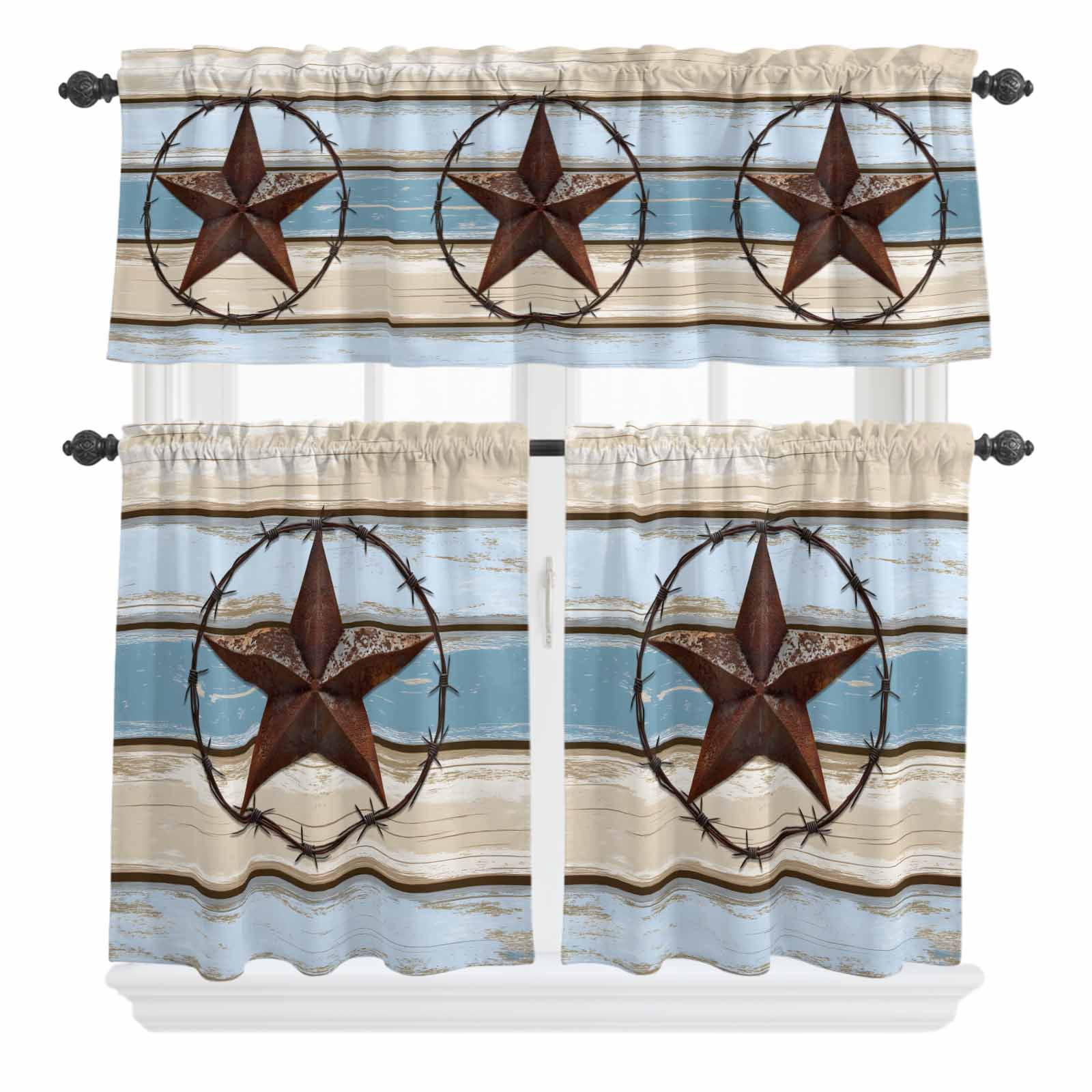3 Piece Kitchen Curtains and Valances Set Beige Blue Star Cafe Curtains ...