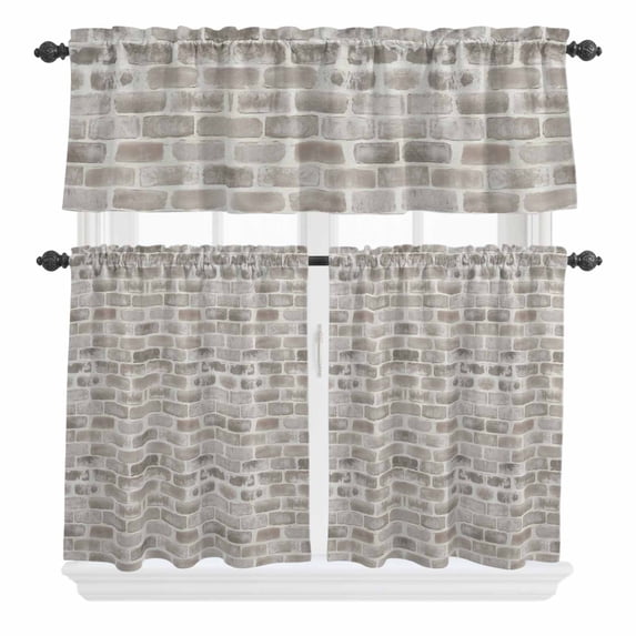 3 Piece Kitchen Curtains and Valances Set Beige Brick Wall Cafe ...
