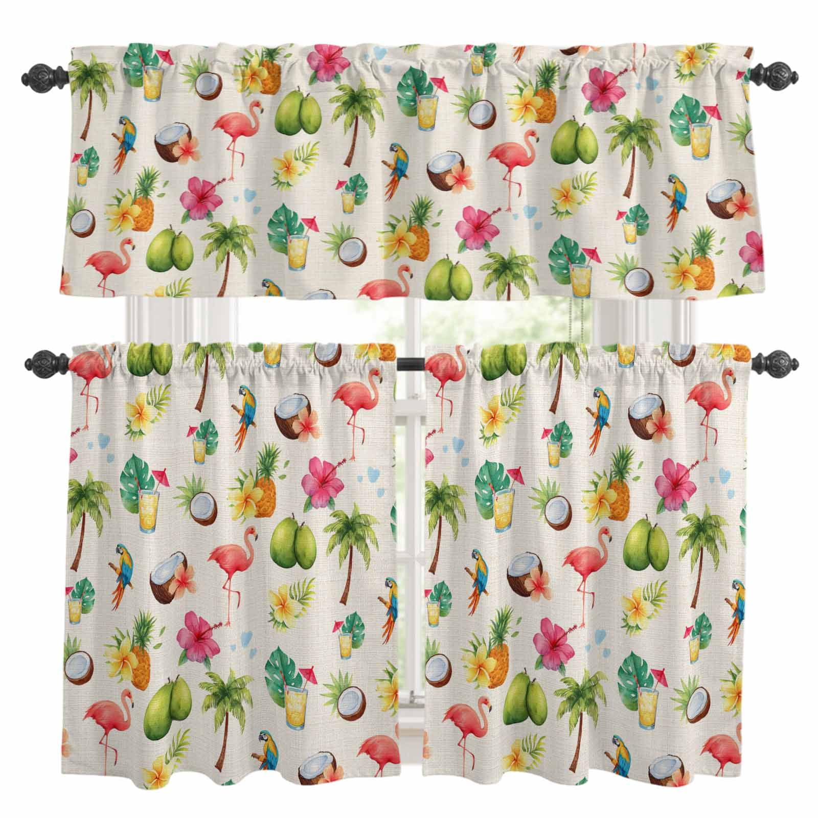 3 Piece Kitchen Curtains and Valances Set Beige Flamingos Cafe Curtains ...