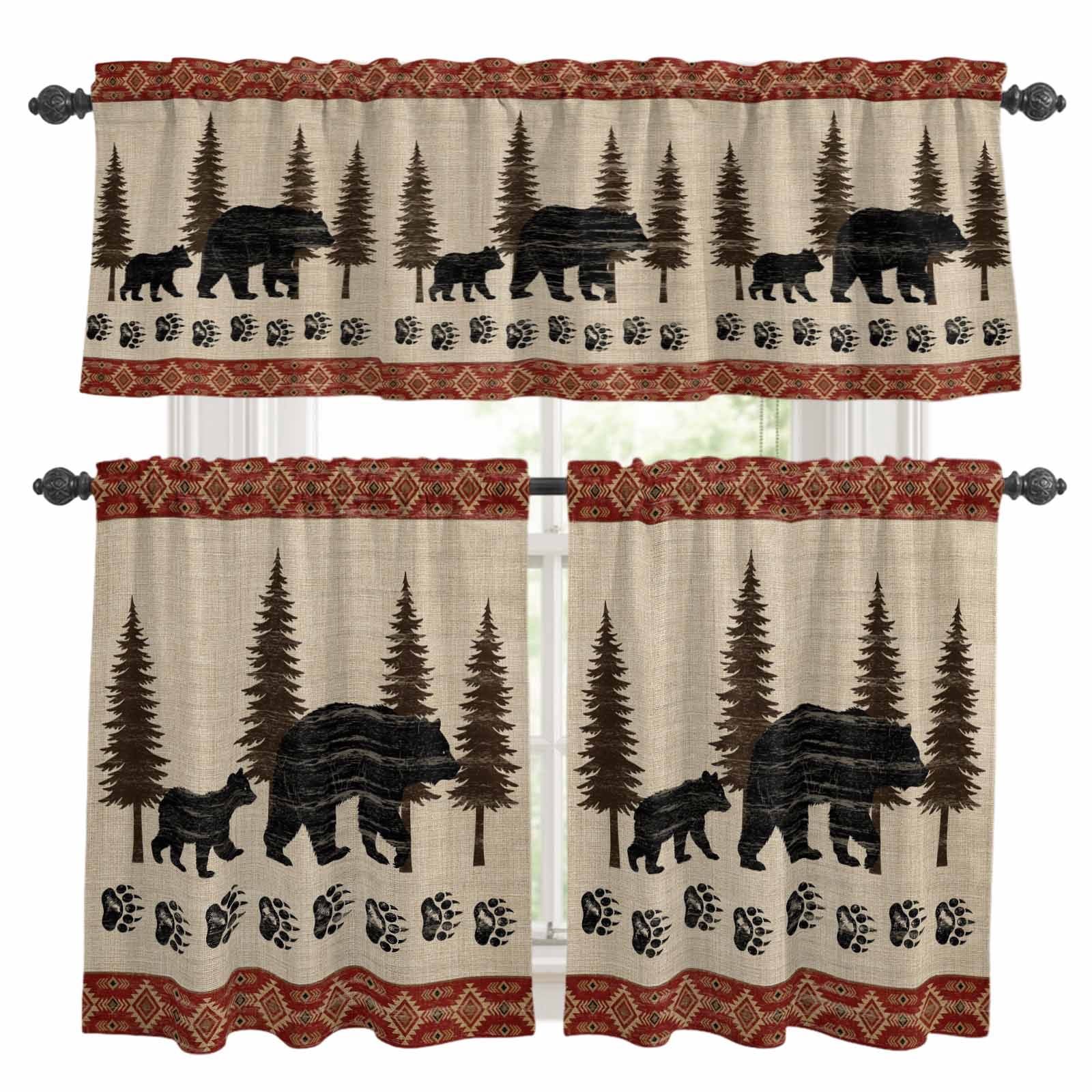 3 Piece Kitchen Curtains and Valances Set Black Bear Rustic Cafe ...