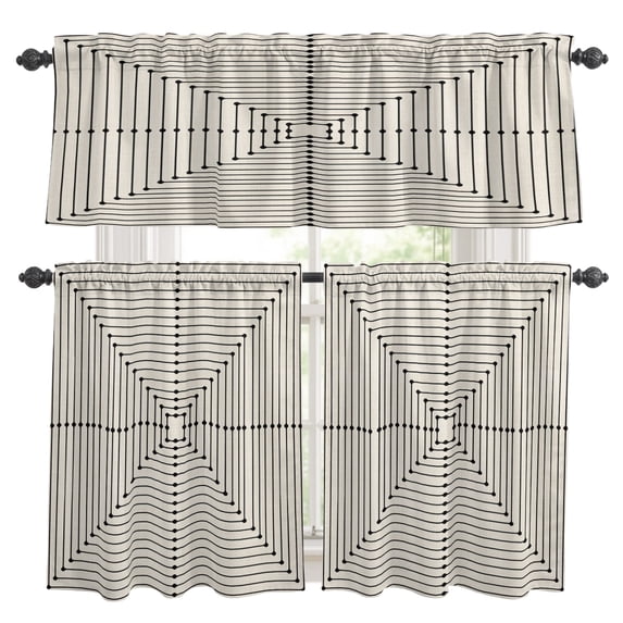 3 Piece Kitchen Curtains and Valances Set Black Beige Striped Cafe ...