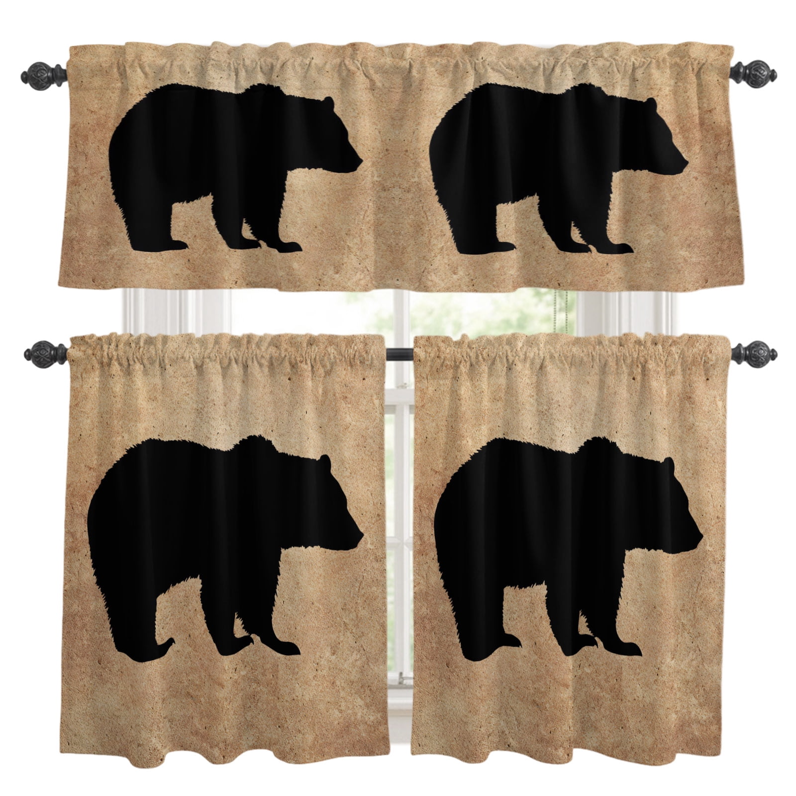 3 Piece Kitchen Curtains and Valances Set Black Brown Animals Cafe ...