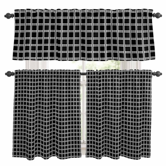 3 Piece Kitchen Curtains and Valances Set Black Checkered Cafe Curtains ...