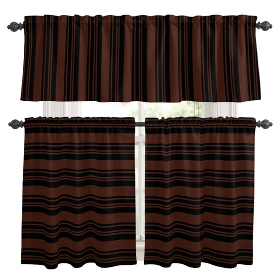 3 Piece Kitchen Curtains and Valances Set Black Coffee Stripes Cafe ...
