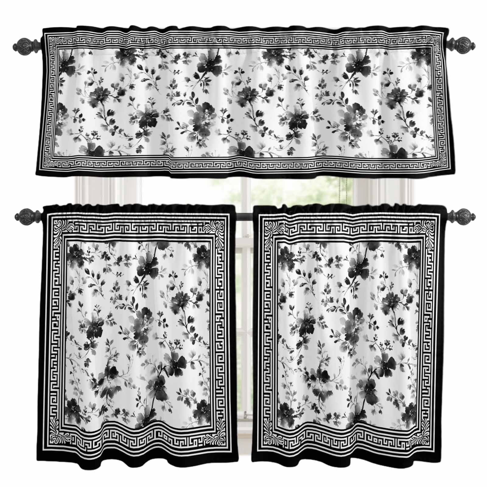 3 Piece Kitchen Curtains and Valances Set Black Floral Cafe Curtains 36 ...