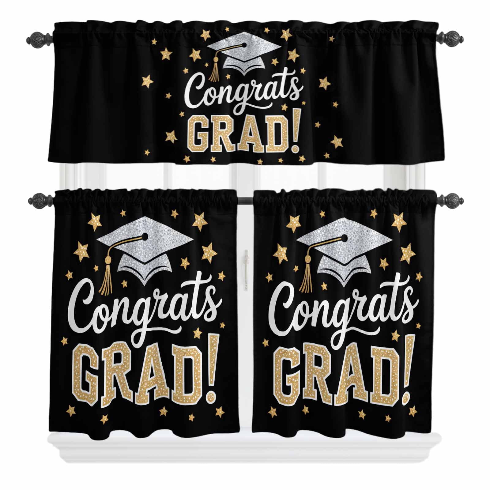 3 Piece Kitchen Curtains and Valances Set Black Graduation Cafe ...