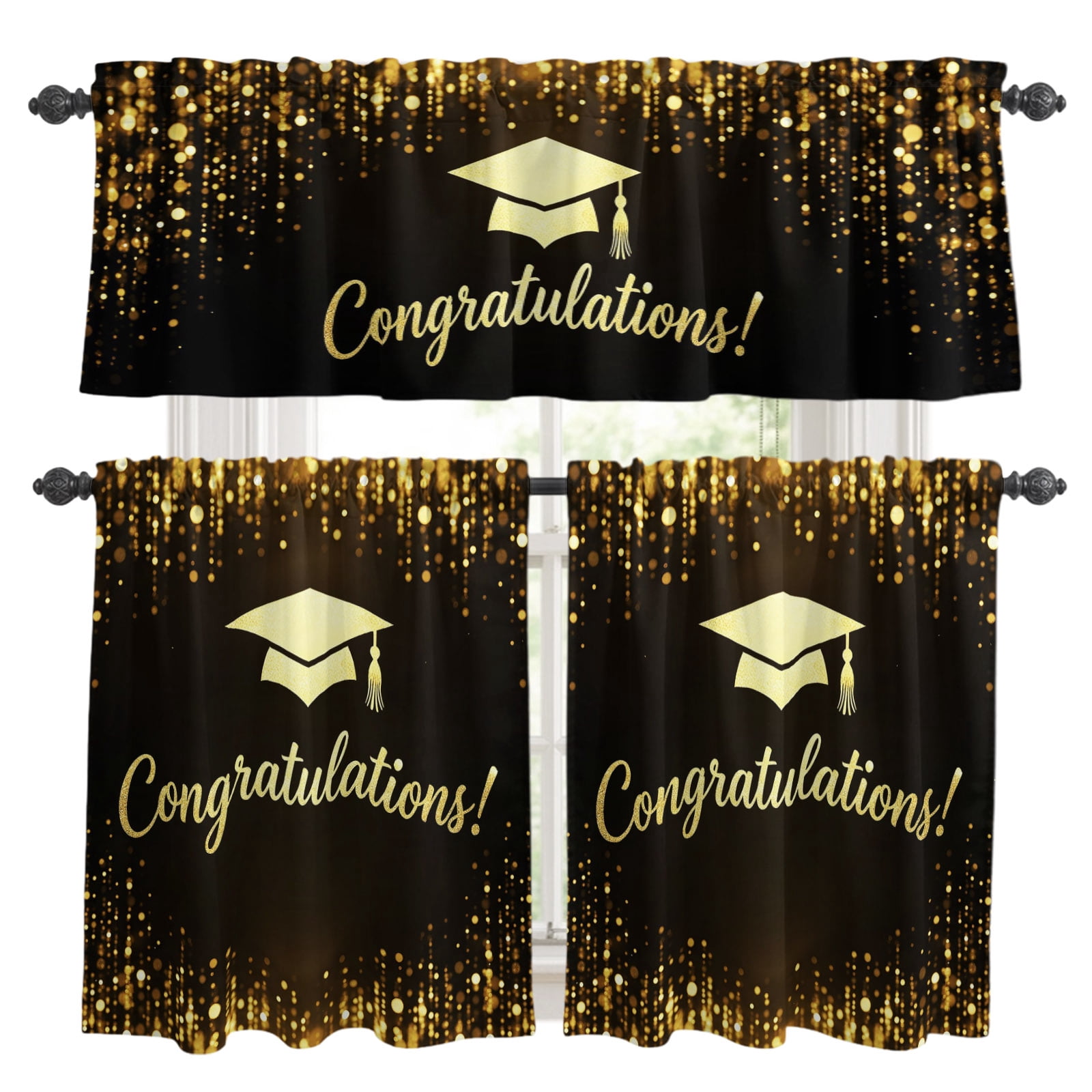 3 Piece Kitchen Curtains and Valances Set Black Graduation Celebration ...