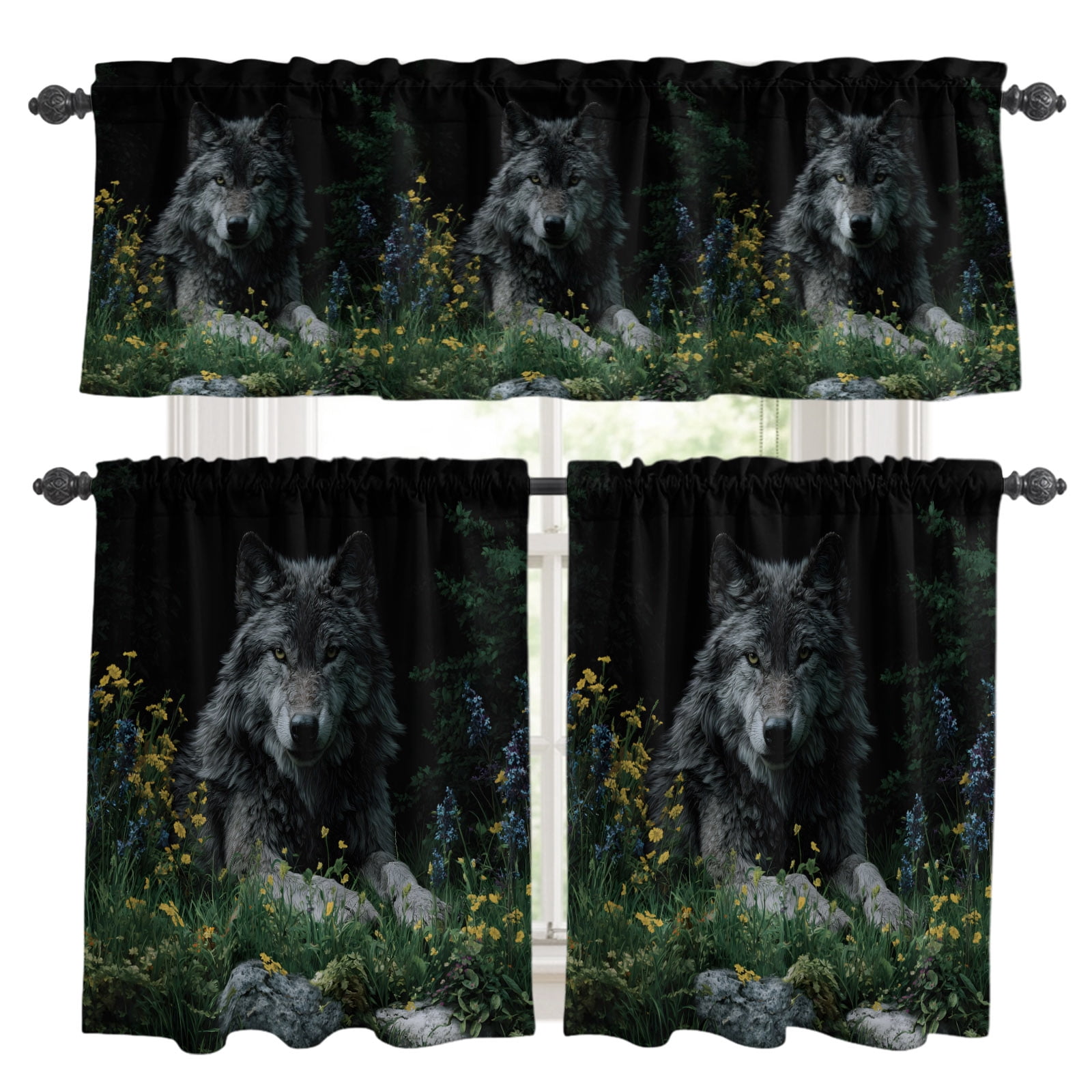 3 Piece Kitchen Curtains and Valances Set Black Gray Wolf Cafe Curtains ...