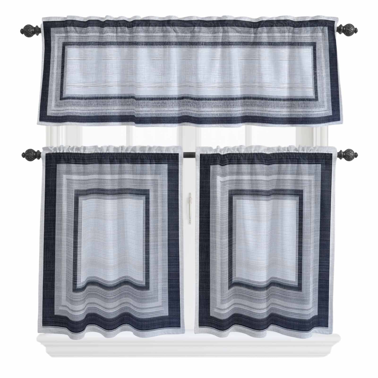 3 Piece Kitchen Curtains and Valances Set Black Grey Gradient Cafe ...