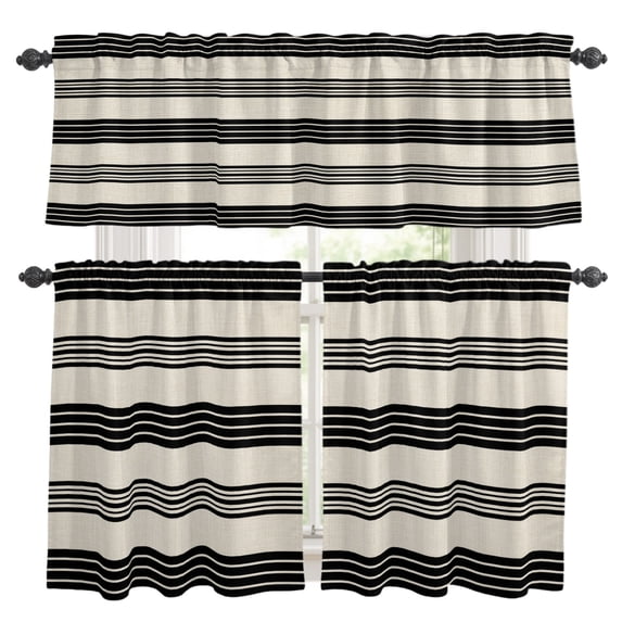 3 Piece Kitchen Curtains and Valances Set Black Horizontal Stripes Cafe ...